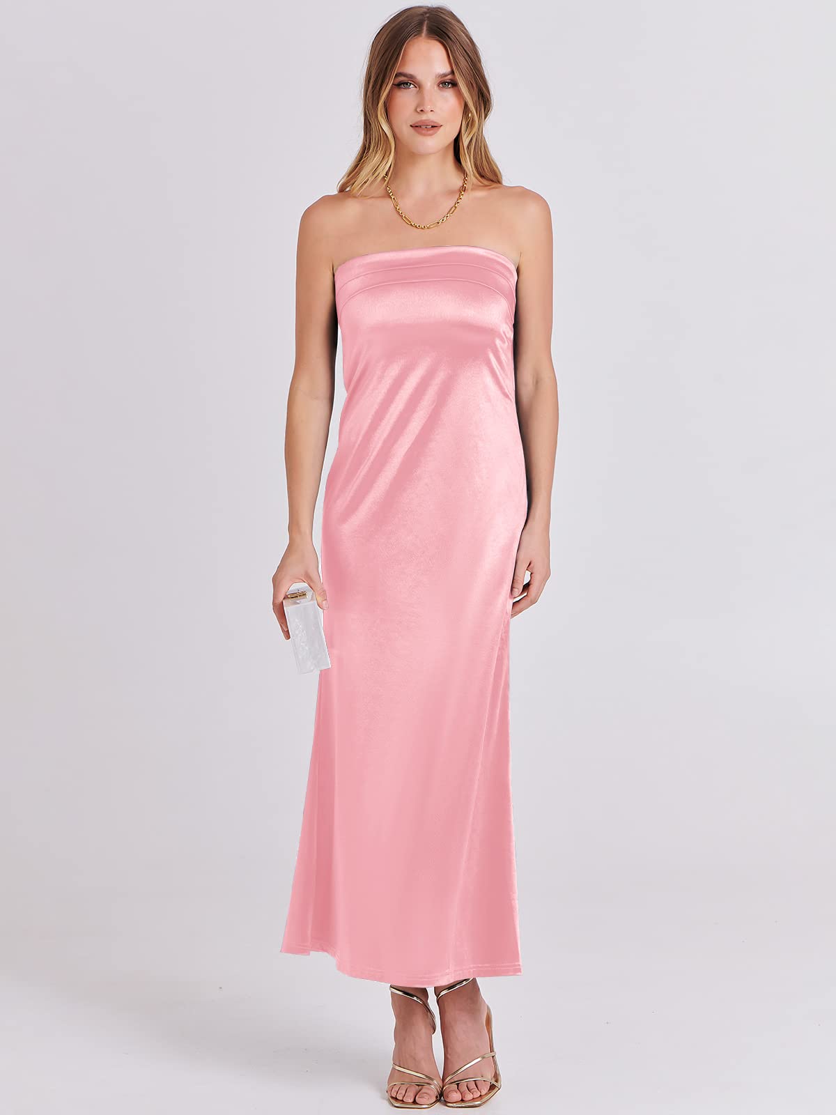 ANRABESS Women Summer Wedding Guest Maxi Dress Strapless Satin Tube Bodycon Backless Cocktail Formal Dresses 2025 Spring Pink