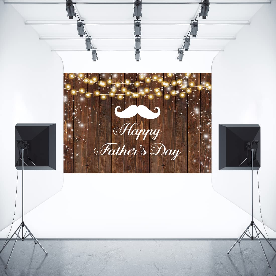 Aperturee 7x5ft Happy Father's Day Backdrop Cute Beards Glitter Goden and White Lights Rustic Wood Photography Background Thanks Daddy Backgrounds Party Decoration Prom Studio Pictures Shoot Props
