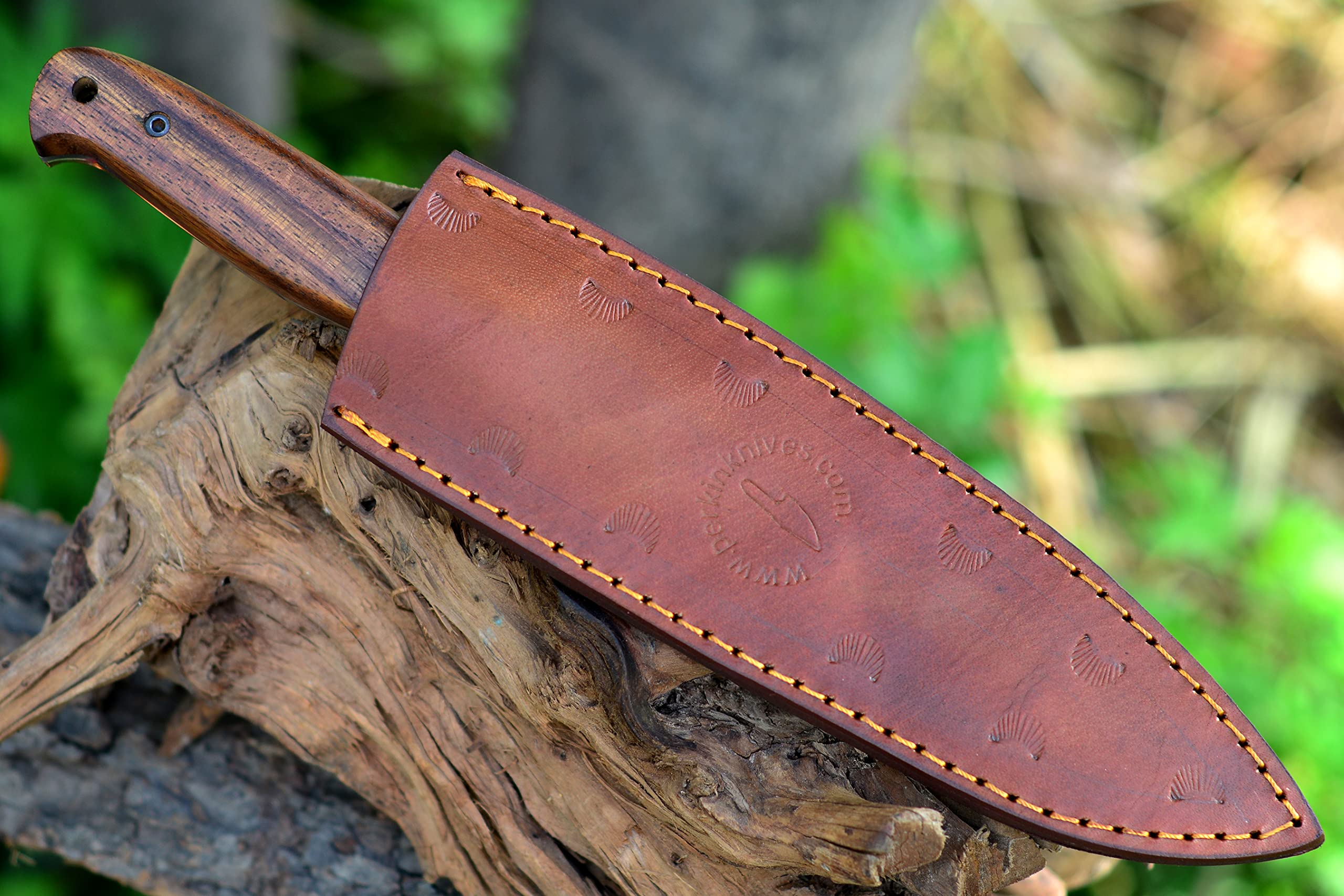 Perkin Fixed Blade Hunting Knife Full Tang with Leather Sheath, Solid & Sharp Blade Outdoor Survival Hunting Knife, Comfortable N Wood Handle Bushcraft Knife Camping Knife for Men and Women BUSH9.5