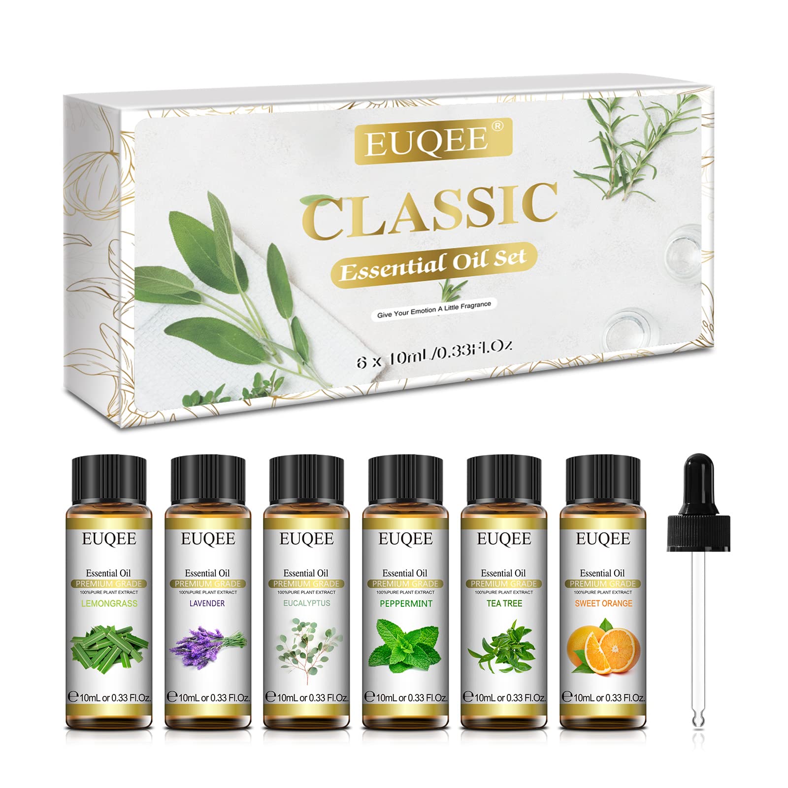 EUQEE Classic Essential Oil Set of 6 Pure Essential Oil Gift Set for Diffusers, Soap Candle Making - Lavender, Eucalyptus, Peppermint, Tea Tree, Sweet Orange, Lemongrass Aromatherapy Oils -10ml