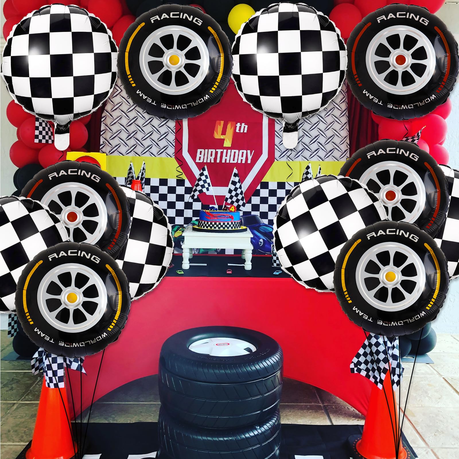 Stcomart 18 Inch Race Car Wheel Balloons, Black and White Checkered Balloons for Birthday Party, Race Car Theme Party, 12 PCS