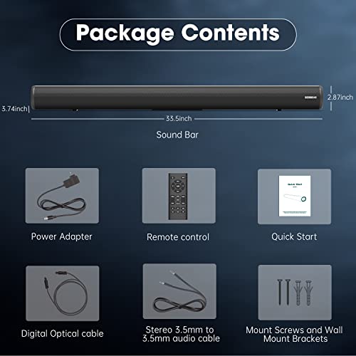 BESTISAN Sound Bars for TV, Wired and Wireless Bluetooth 5.0 TV Sound bar 34inches Soundbar for Home Theater HDMI-ARC/Optical/Coaxial/AUX/USB/Bluetooth Connection, Wall Mountable