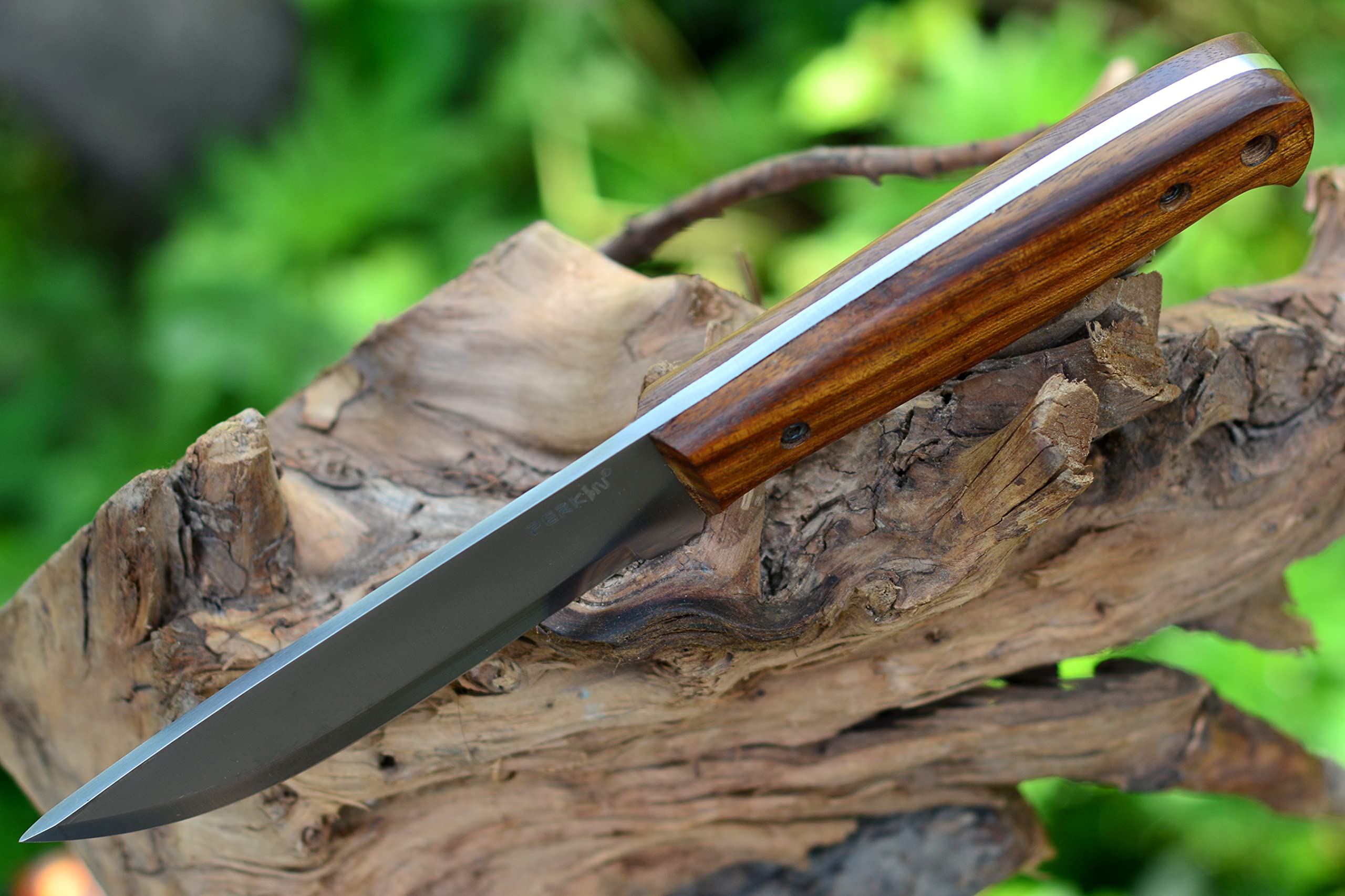 Perkin Fixed Blade Hunting Knife Full Tang with Leather Sheath, Solid & Sharp Blade Outdoor Survival Hunting Knife, Comfortable N Wood Handle Bushcraft Knife Camping Knife for Men and Women BUSH9.5