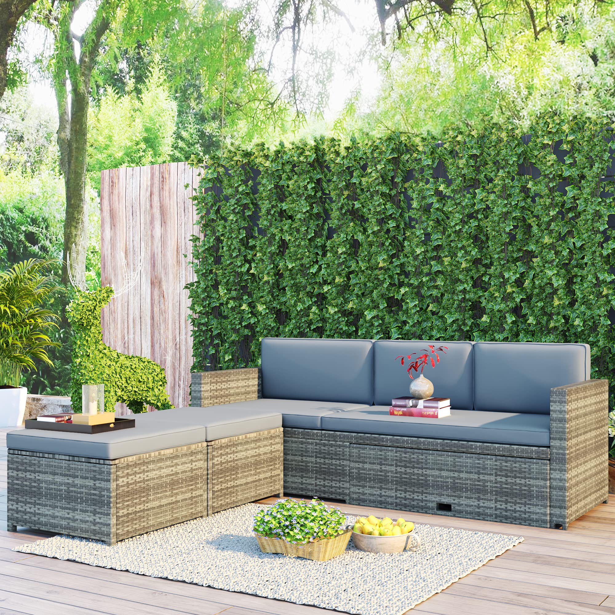 Brabrety 4 Pieces Outdoor Patio Furniture Sets,All-Weather PE Wicker Sectional Sofa Set with Retractable Table,Conversation Set for Backyard, Free Combination