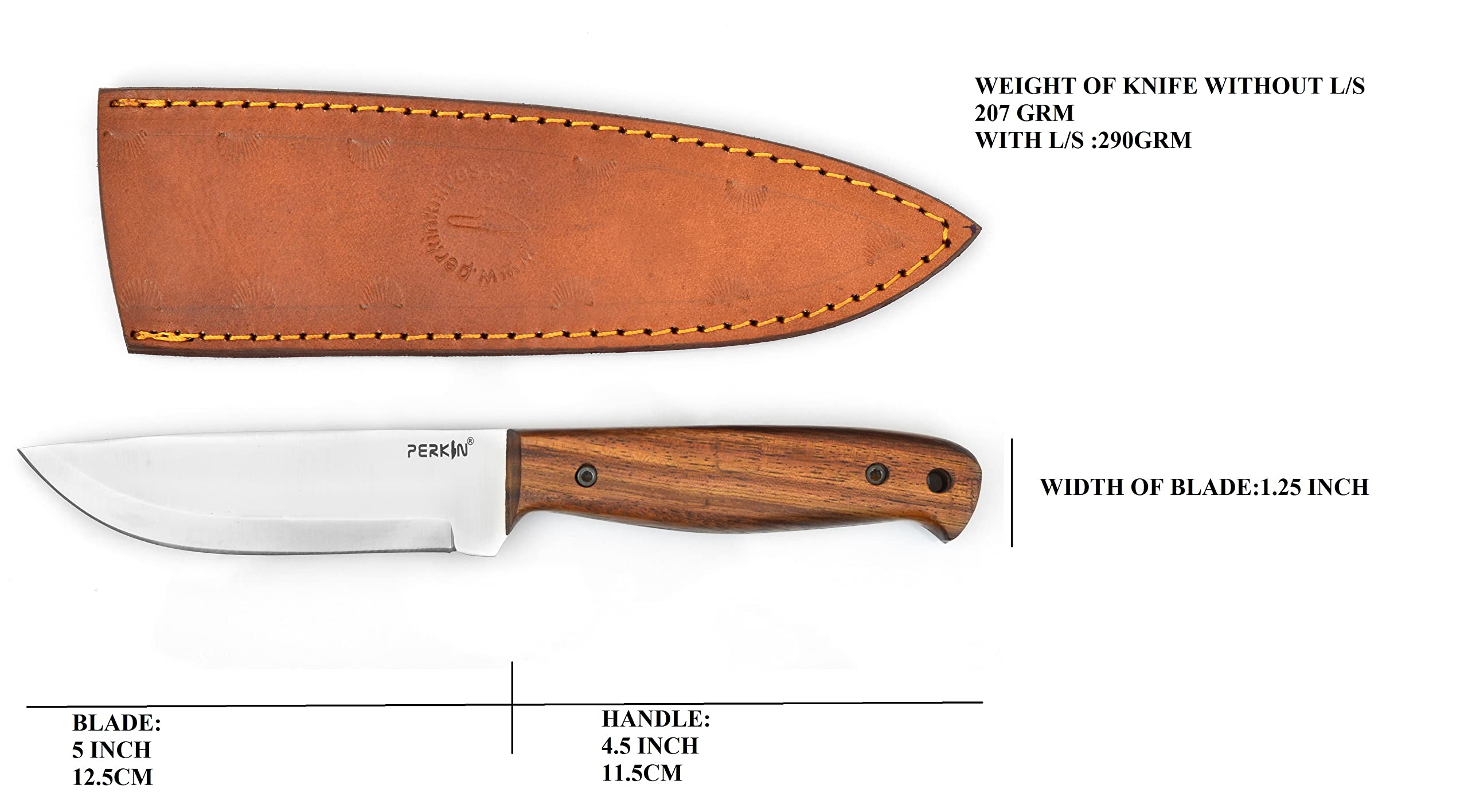 Perkin Fixed Blade Hunting Knife Full Tang with Leather Sheath, Solid & Sharp Blade Outdoor Survival Hunting Knife, Comfortable N Wood Handle Bushcraft Knife Camping Knife for Men and Women BUSH9.5
