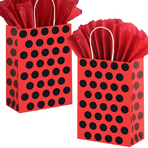 BLEWINDZ 32 Pieces Small Gift Bags with Red Tissues, Party Favor Bags Polka Dots for Ladybug Theme Birthday, Wedding, Christmas, Party Supplies (Red Black)