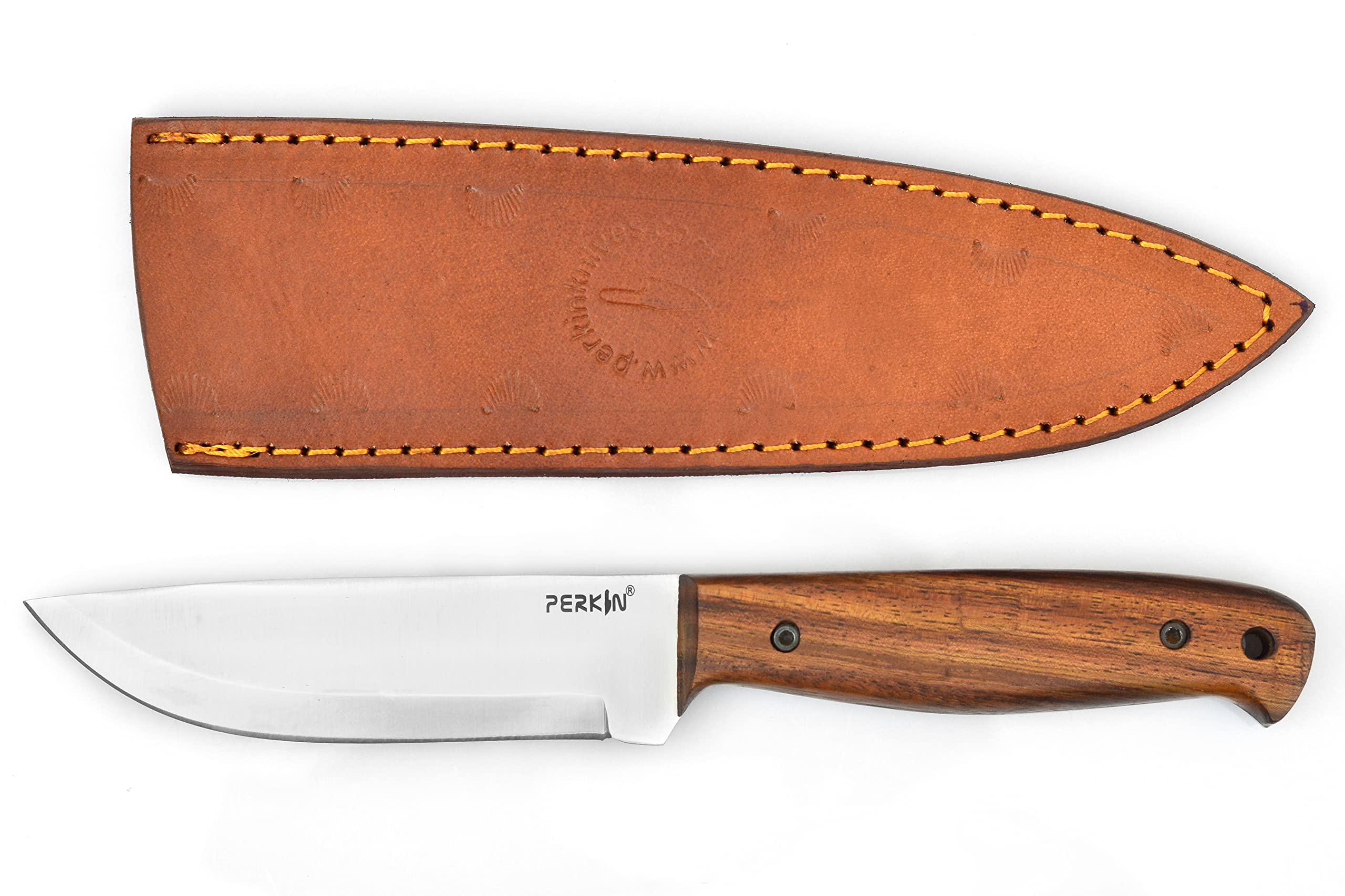 Perkin Fixed Blade Hunting Knife Full Tang with Leather Sheath, Solid & Sharp Blade Outdoor Survival Hunting Knife, Comfortable N Wood Handle Bushcraft Knife Camping Knife for Men and Women BUSH9.5