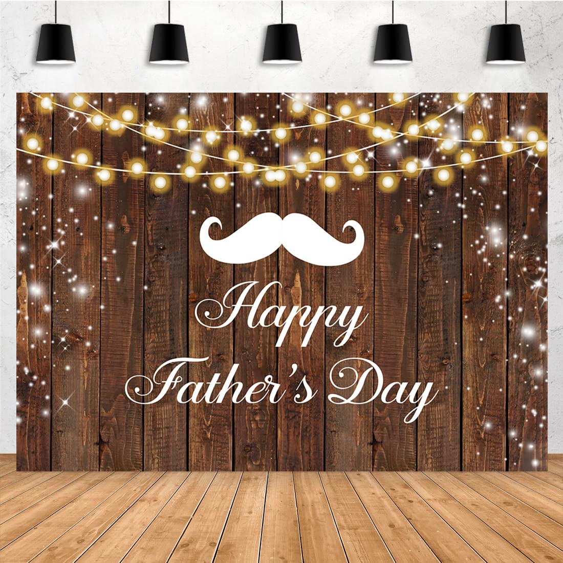 Aperturee 7x5ft Happy Father's Day Backdrop Cute Beards Glitter Goden and White Lights Rustic Wood Photography Background Thanks Daddy Backgrounds Party Decoration Prom Studio Pictures Shoot Props