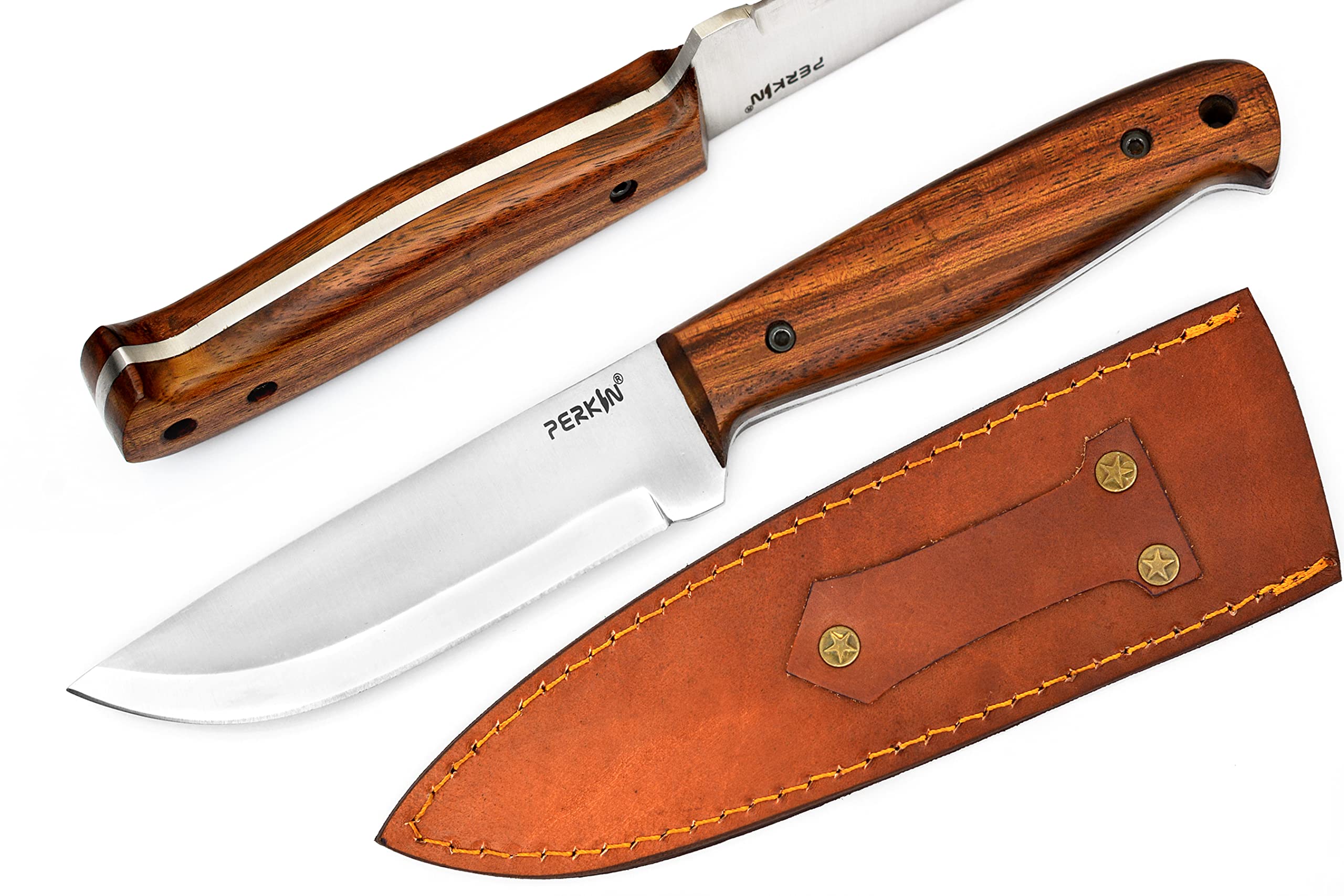 Perkin Fixed Blade Hunting Knife Full Tang with Leather Sheath, Solid & Sharp Blade Outdoor Survival Hunting Knife, Comfortable N Wood Handle Bushcraft Knife Camping Knife for Men and Women BUSH9.5