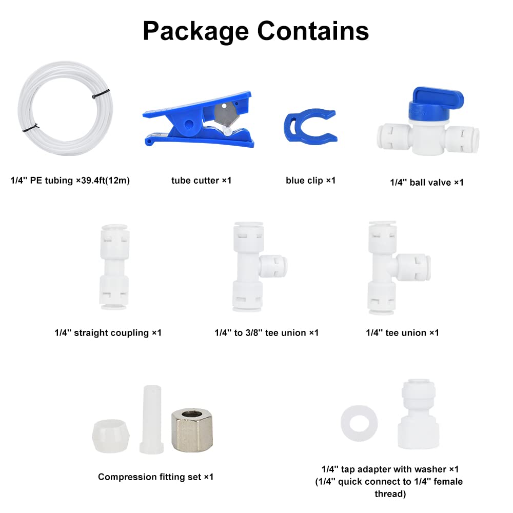 Refrigerator Water Line Kit, CNAODUN Ice Maker Water Line Kit with 1/4" OD 39.4ft Water Line Reverse Osmosis Quick Connect Fittings Push To Connect Water Tube Fittings for Fridge Ice Maker