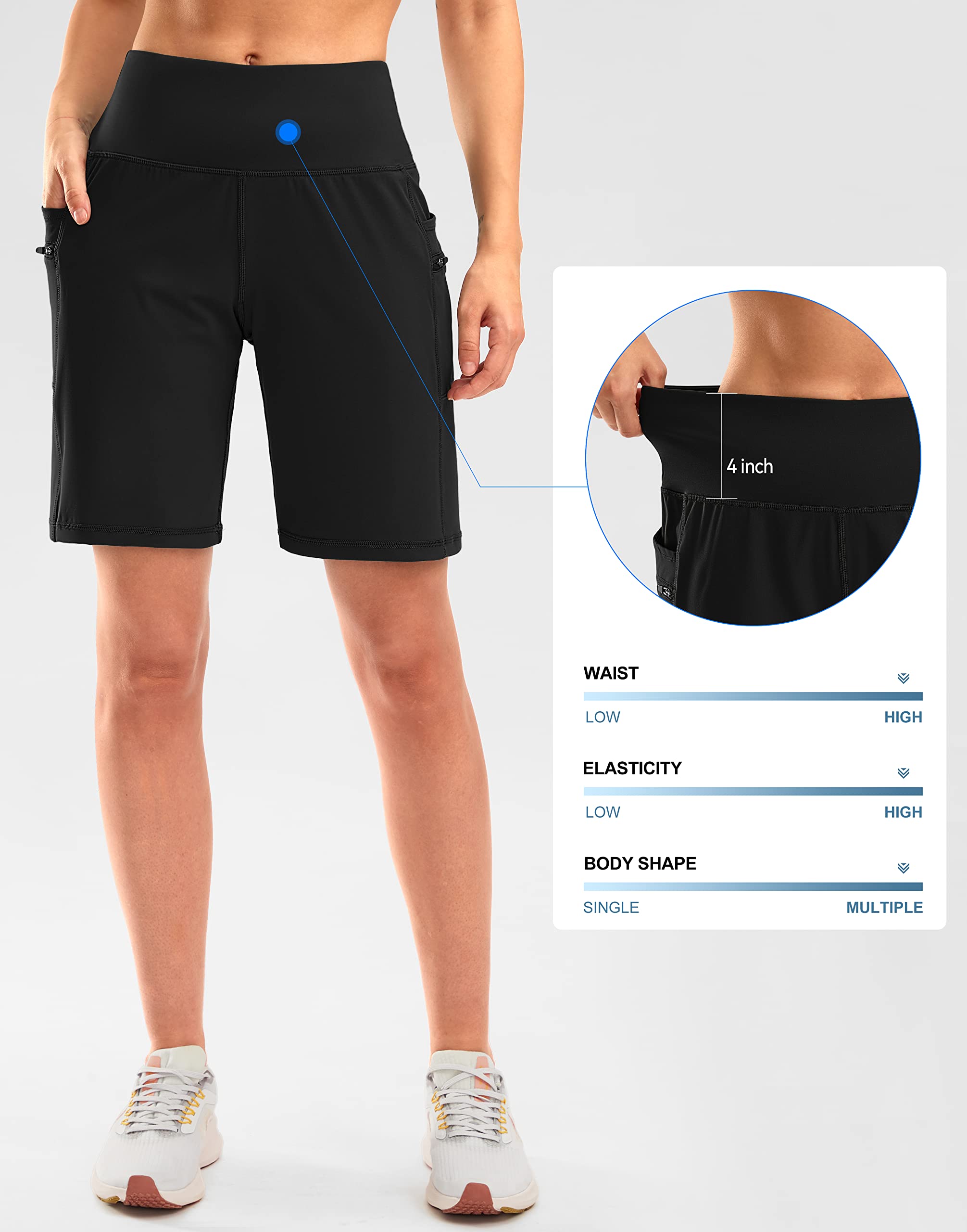 G Gradual Women's High Waisted 9" Bermuda Shorts with Zipper Pockets Athletic Workout Long Shorts for Women Knee Length(Black,M)