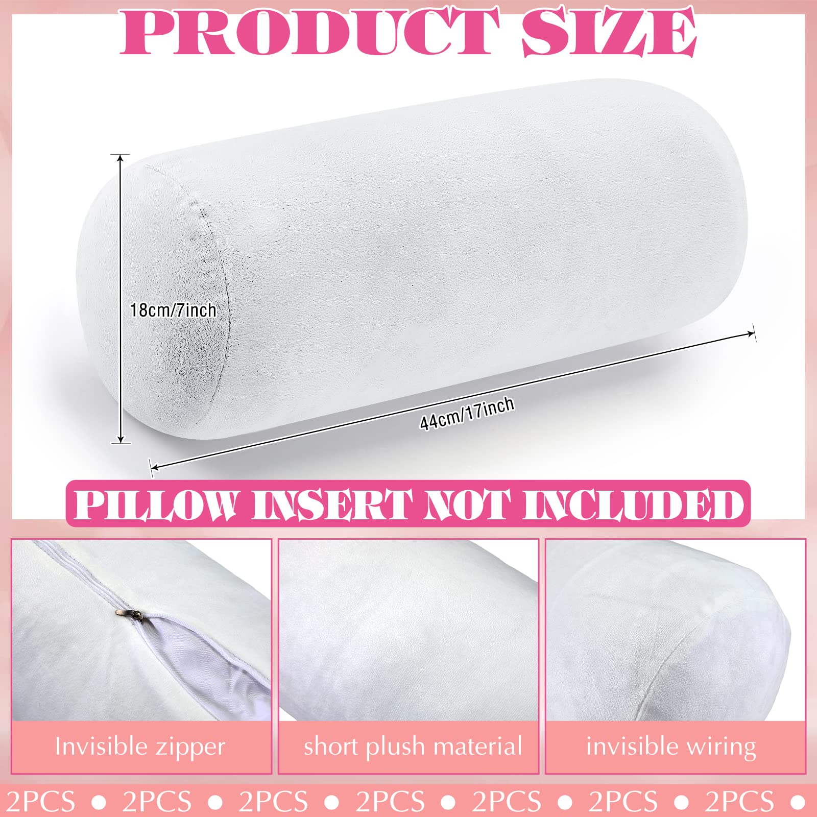 Newwiee 2 Pcs Neck Roll Pillow Cover 17x7 Inch Round Cervical Pillow Covers with Zipper Cylinder Neck Roll Pillowcase Soft Bolster Pillowcases for House Home Decor Cylindrical Cushion(White)