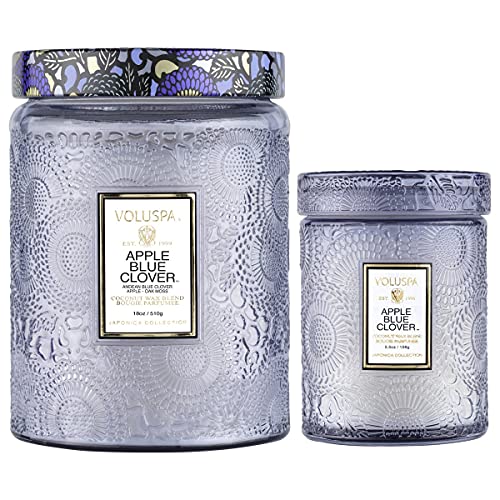 Voluspa Apple Blue Clover Candle | Large Glass Jar | 18 Oz | 100 Hour Burn Time | All Natural Wicks and Coconut Wax for Clean Burning | Vegan