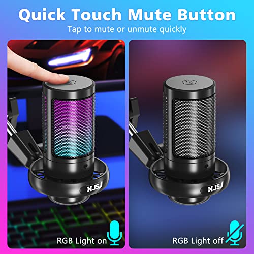 NJSJ USB Gaming Microphone for PC, Condenser Mic with Boom Arm for PS4/ PS5/ Mac/Phone with Touch Mute, RGB Lighting,Gain knob & Monitoring Jack for Streaming,Podcasting,YouTube