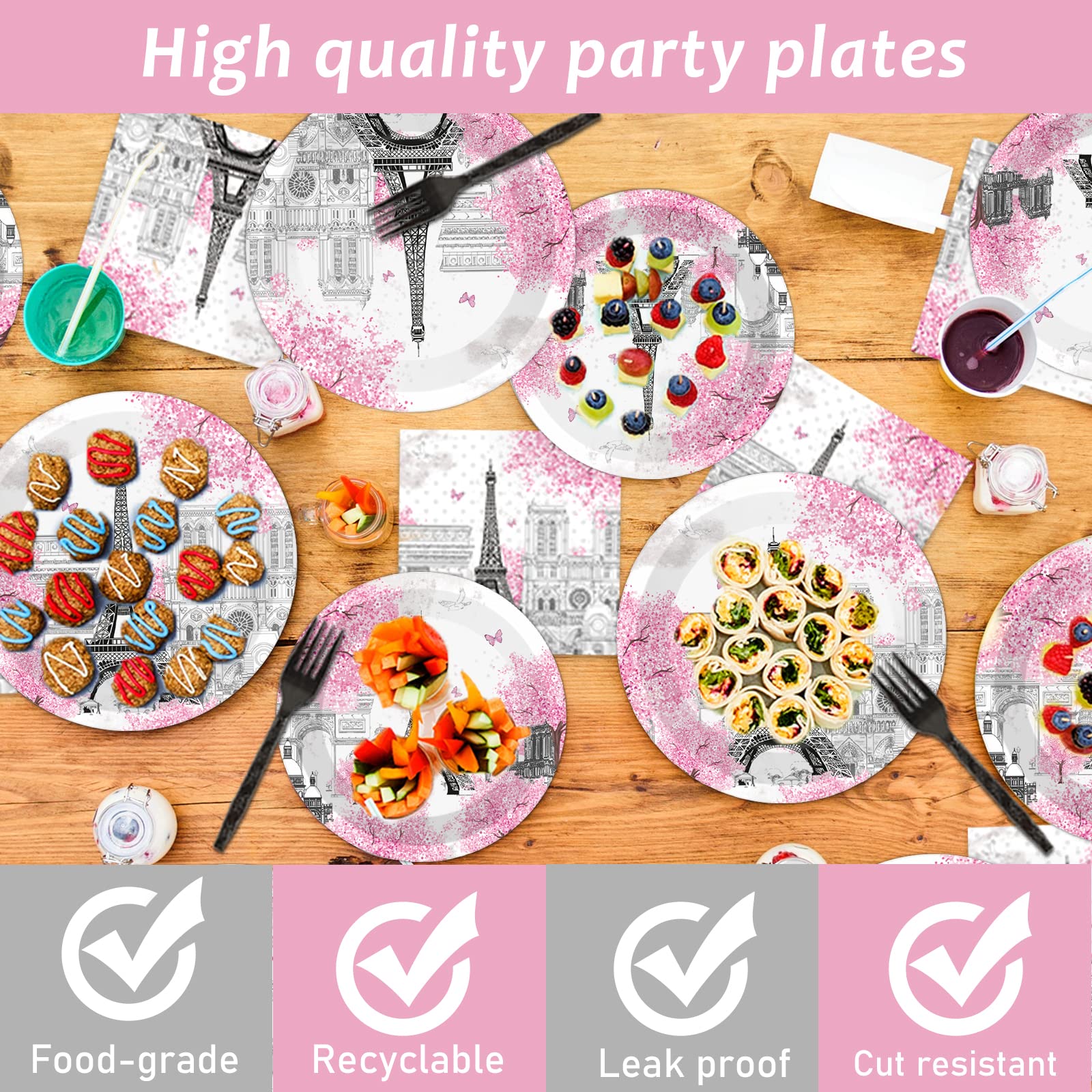 98 Pcs Paris Eiffel Tower Tableware Set Paris Eiffel Tower Party Plates Napkins Paris Table Cover Eiffel Tower Dinnerware for Kid Boy Girl Birthday Weddings Party Decorations Favors for 24 Guest