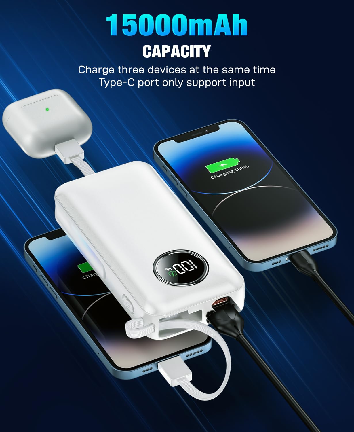 Portable-Charger-Power-Bank - 15000mAh PD 30W Power Bank, Built in Type-C(30W) and iOS(20W) Output Cables LED Display for iPhone and Android Phones and Most Electronic Devices(White)