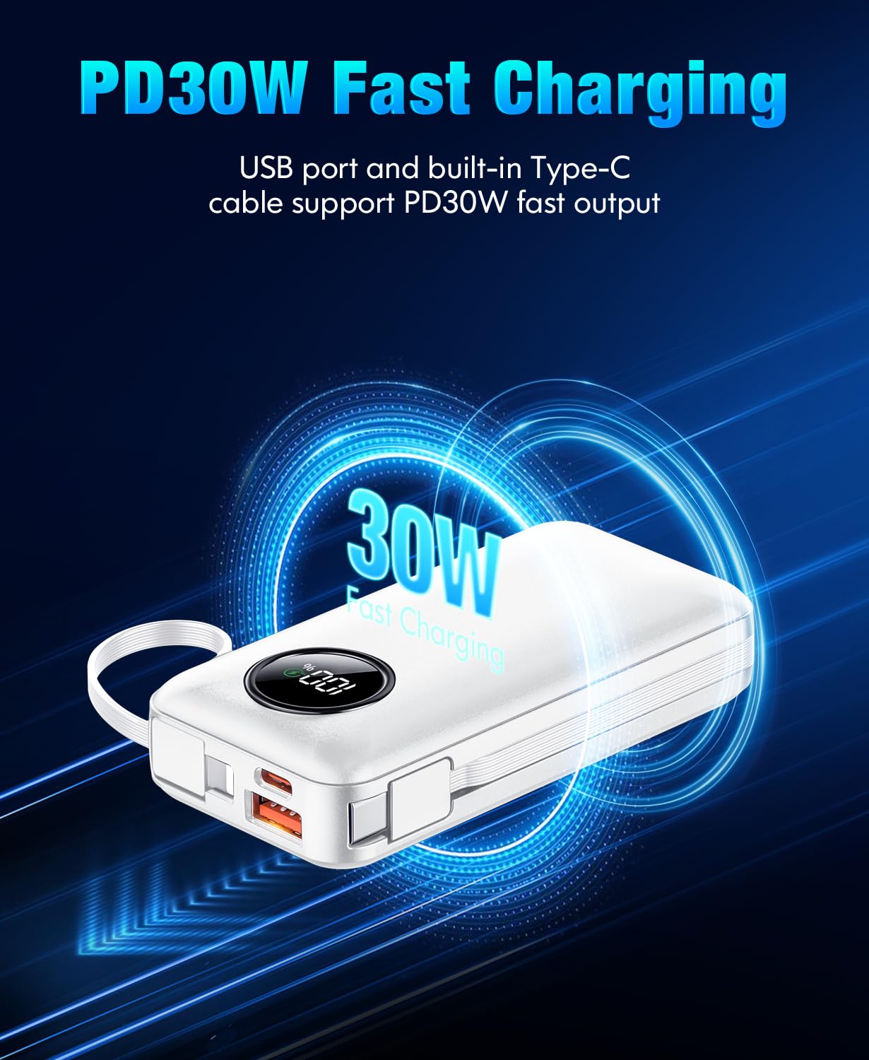 Portable-Charger-Power-Bank - 15000mAh PD 30W Power Bank, Built in Type-C(30W) and iOS(20W) Output Cables LED Display for iPhone and Android Phones and Most Electronic Devices(White)