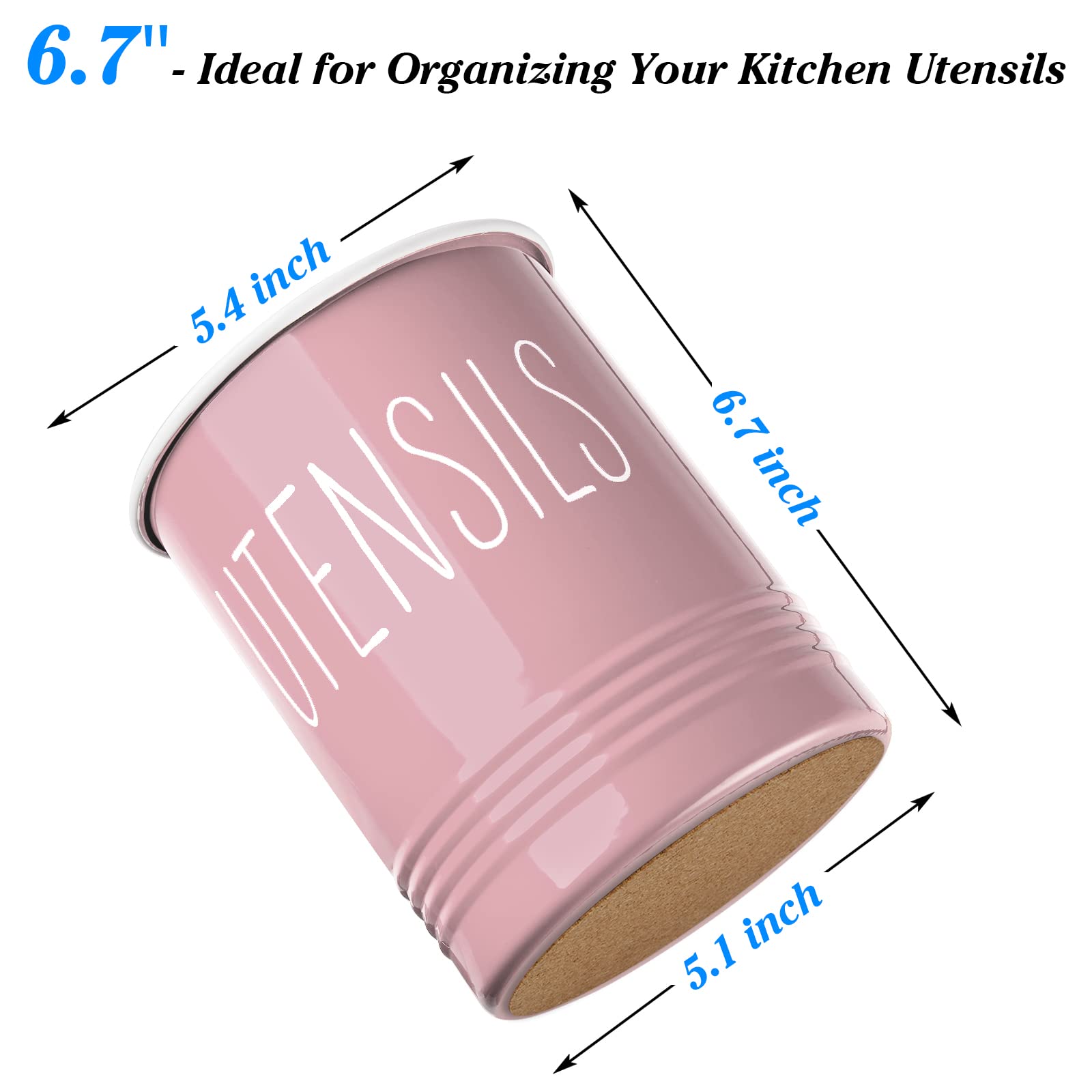Bivvclaz Kitchen Utensil Holder - 6.7" Utensil Holder for Kitchen Counter - Cooking Utensil Crock with Cork Bottom - Pink Kitchen Decor and Accessories - Utensil Storage Caddy Organizer