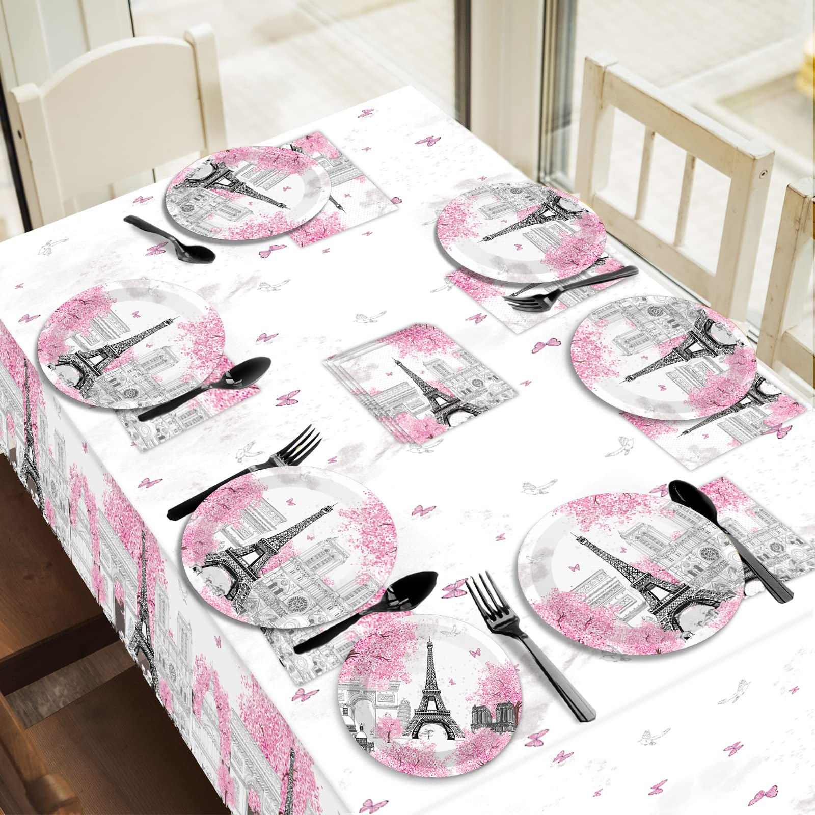 98 Pcs Paris Eiffel Tower Tableware Set Paris Eiffel Tower Party Plates Napkins Paris Table Cover Eiffel Tower Dinnerware for Kid Boy Girl Birthday Weddings Party Decorations Favors for 24 Guest