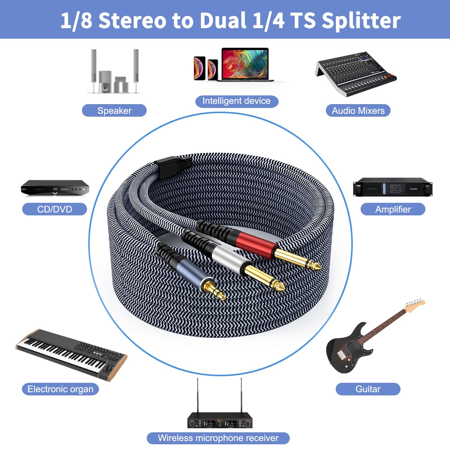 TAISUSAN 1/8 Stereo to Dual 1/4 Mono Cable 15ft, 3.5mm to Dual 1/4 Cable, 1/8 inch TRS Stereo to Dual 1/4 inch Splitter
