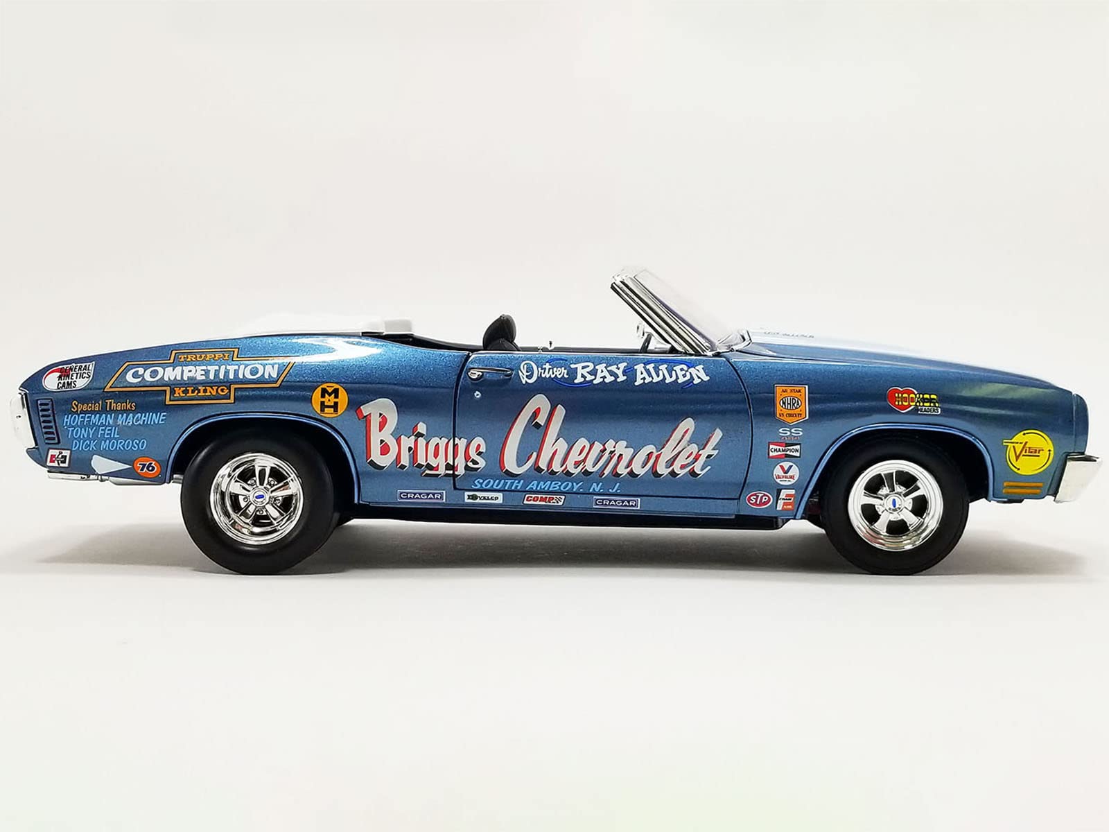 1970 Chevy Chevelle Convertible Blue Met. w/White Stripes Briggs Chevy Drag Car Ltd Ed to 774 pcs Worldwide 1/18 Diecast Model Car by Acme A1805522
