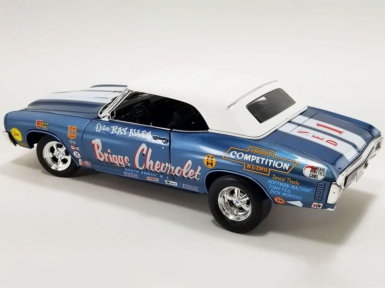 1970 Chevy Chevelle Convertible Blue Met. w/White Stripes Briggs Chevy Drag Car Ltd Ed to 774 pcs Worldwide 1/18 Diecast Model Car by Acme A1805522