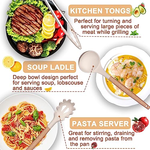 28 Pcs Silicone Cooking Utensils Kitchen Utensil Set - 446°F Heat Resistant, Turner Tongs, Spatula, Spoon, Brush, Whisk, Wooden Handle, Kitchen Gadgets with Holder for Nonstick Cookware (Khaki)