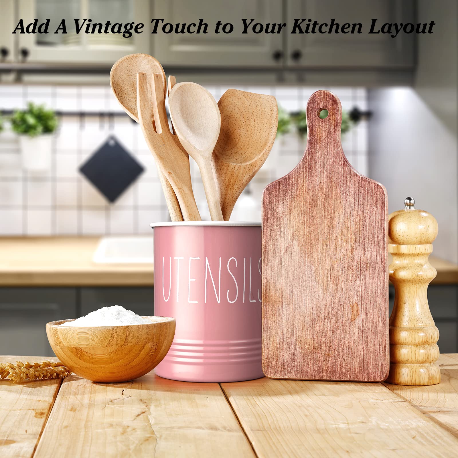 Bivvclaz Kitchen Utensil Holder - 6.7" Utensil Holder for Kitchen Counter - Cooking Utensil Crock with Cork Bottom - Pink Kitchen Decor and Accessories - Utensil Storage Caddy Organizer