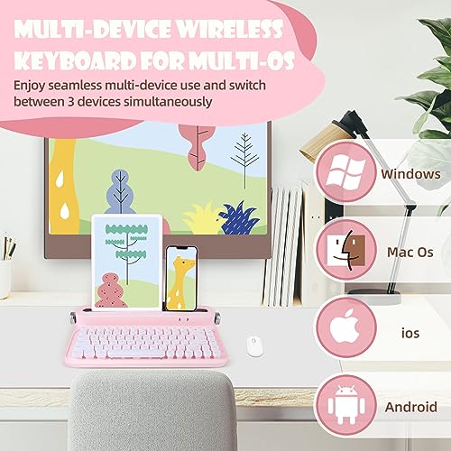 PolaTab ACTTO Retro Bluetooth Wireless Keyboard, 84 Keys Typewriter Style Keyboard with Built-in Stand for iPad, Tablet, iPhone, Smart Phone, PC, Connect up to 3 Devices (B305, Baby Pink)