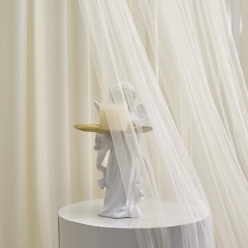 5ft x 10ft Dual Layer Ivory Tulle Backdrop Curtain Panels with Light, 1 Panel 5 x 10 ft Photo Background Drapes for Wedding Baby Shower Party Engagement Bridal Shower Photography