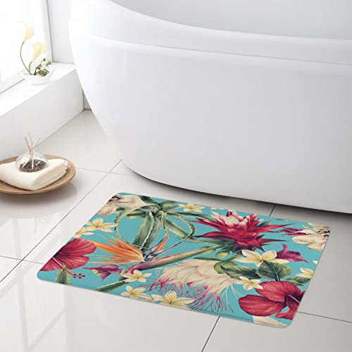 LB Vintage Tropical Flower Bathroom Rug Green Hawaiian Island Plant Bath Mat Red Hibiscus Orchid Floral Doormat Non Slip Memory Foam Super Absorbent Floor Mats,24x16 Inch