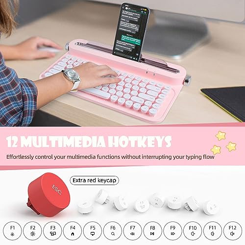 PolaTab ACTTO Retro Bluetooth Wireless Keyboard, 84 Keys Typewriter Style Keyboard with Built-in Stand for iPad, Tablet, iPhone, Smart Phone, PC, Connect up to 3 Devices (B305, Baby Pink)