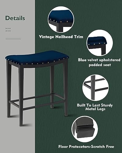 KATDANS Blue Bar Stools Set of 2 Counter Height 24 Inches Backless Barstools for Kitchen Counter Modern Saddle Stools Velvet Nailhead Upholstered Stools, KS718PBL, 2Pcs