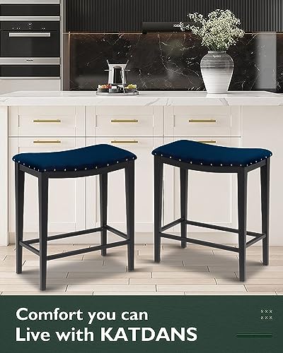 KATDANS Blue Bar Stools Set of 2 Counter Height 24 Inches Backless Barstools for Kitchen Counter Modern Saddle Stools Velvet Nailhead Upholstered Stools, KS718PBL, 2Pcs