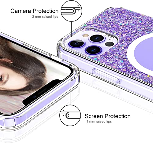 ESTPEAK Magnetic Bling Case for iPhone 13 Pro Max [Compatible with MagSafe] [Cute Twinkle Glitter Design ] Aesthetic Slim Shockproof Protect Sparkle Unique Silicone Phone Cover for Women Girls-Purple