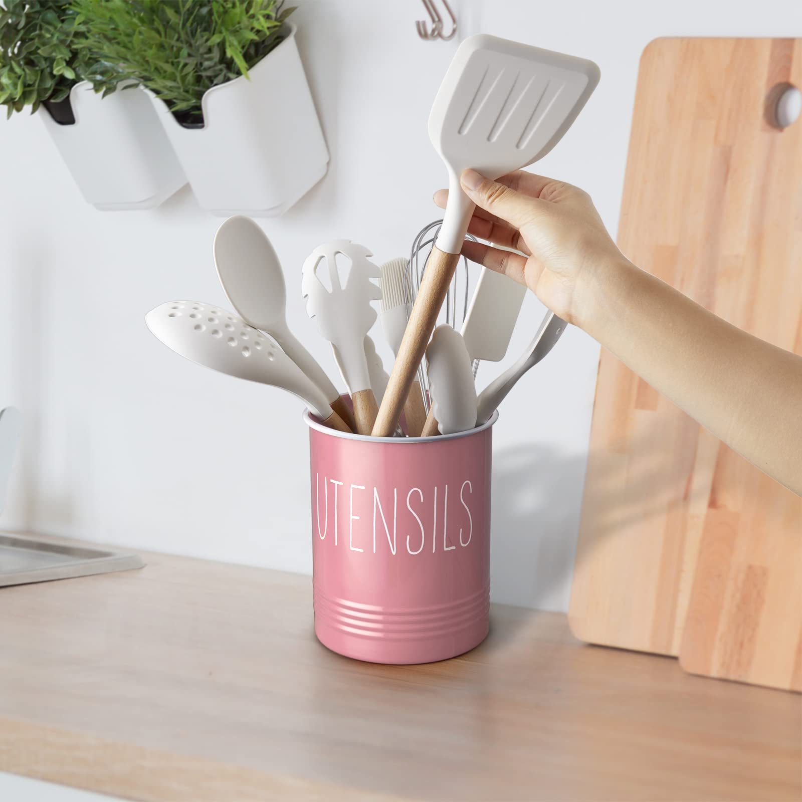 Bivvclaz Kitchen Utensil Holder - 6.7" Utensil Holder for Kitchen Counter - Cooking Utensil Crock with Cork Bottom - Pink Kitchen Decor and Accessories - Utensil Storage Caddy Organizer