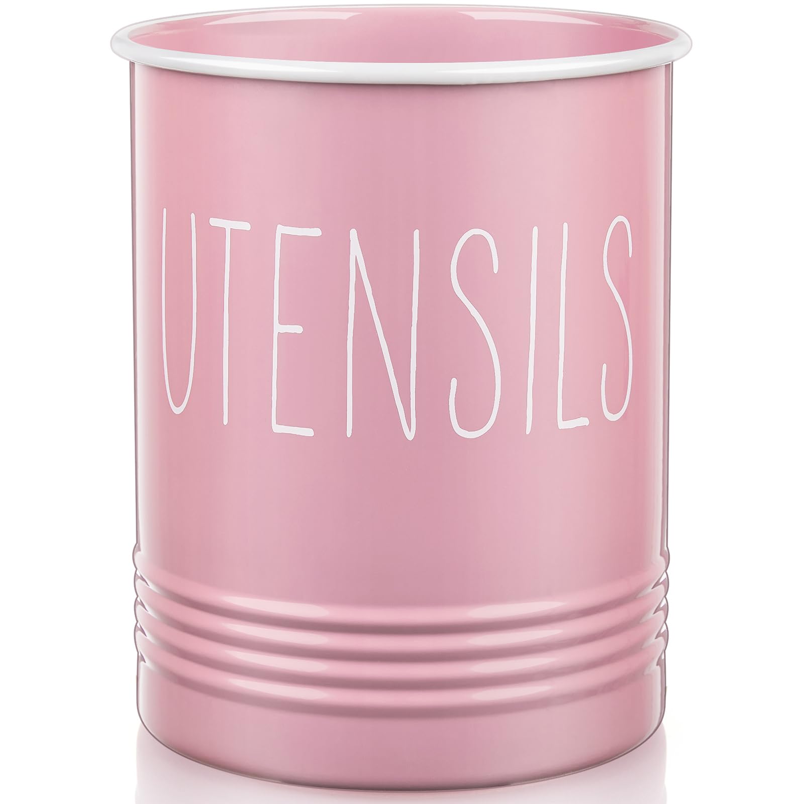 Bivvclaz Kitchen Utensil Holder - 6.7" Utensil Holder for Kitchen Counter - Cooking Utensil Crock with Cork Bottom - Pink Kitchen Decor and Accessories - Utensil Storage Caddy Organizer