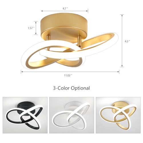 AMZASA Modern LED Ceiling Light Fixtures Gold Semi Flush Mount Ceiling Lamp Hallway Lights for Bedroom Bathroom Entryway Closet Balcony Stair Laundry Room Curved Design