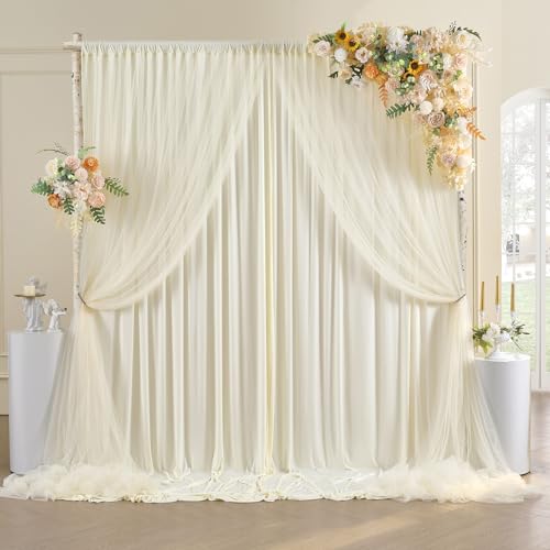 5ft x 10ft Dual Layer Ivory Tulle Backdrop Curtain Panels with Light, 1 Panel 5 x 10 ft Photo Background Drapes for Wedding Baby Shower Party Engagement Bridal Shower Photography