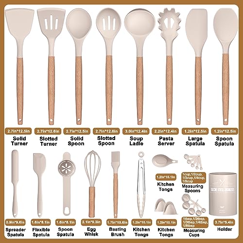 28 Pcs Silicone Cooking Utensils Kitchen Utensil Set - 446°F Heat Resistant, Turner Tongs, Spatula, Spoon, Brush, Whisk, Wooden Handle, Kitchen Gadgets with Holder for Nonstick Cookware (Khaki)