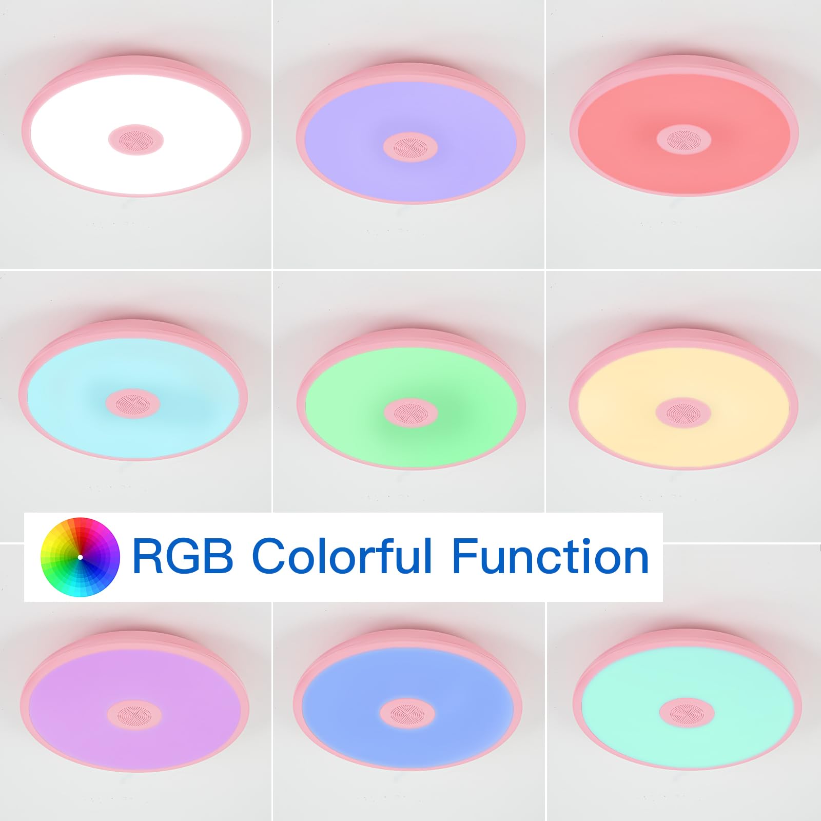 ASALL Pink Waterproof LED Ceiling Light Fixture,Music Ceiling Lamp,with Bluetooth Speaker,11Inch 18W, 2700K-6500K Dimmable RGB Color Changing Light with Remote Control,Suitable for Girls' Room