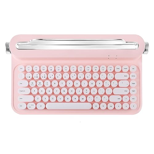 PolaTab ACTTO Retro Bluetooth Wireless Keyboard, 84 Keys Typewriter Style Keyboard with Built-in Stand for iPad, Tablet, iPhone, Smart Phone, PC, Connect up to 3 Devices (B305, Baby Pink)