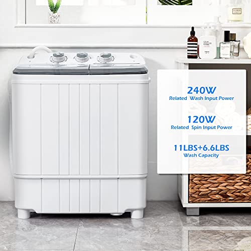 Portable Washing Machine 17.6Lbs Capacity Washer&Dryer Combo 2 In 1 Mini Compact Twin Tub Laundry Washer(11Lbs) & Spinner(6.6Lbs) with Gravity Drain Pump for Apartment,Dorms,RV Camping(grey+white)