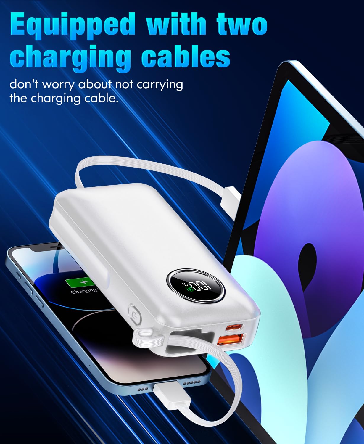 Portable-Charger-Power-Bank - 15000mAh PD 30W Power Bank, Built in Type-C(30W) and iOS(20W) Output Cables LED Display for iPhone and Android Phones and Most Electronic Devices(White)