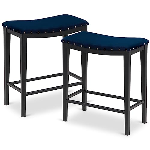 KATDANS Blue Bar Stools Set of 2 Counter Height 24 Inches Backless Barstools for Kitchen Counter Modern Saddle Stools Velvet Nailhead Upholstered Stools, KS718PBL, 2Pcs