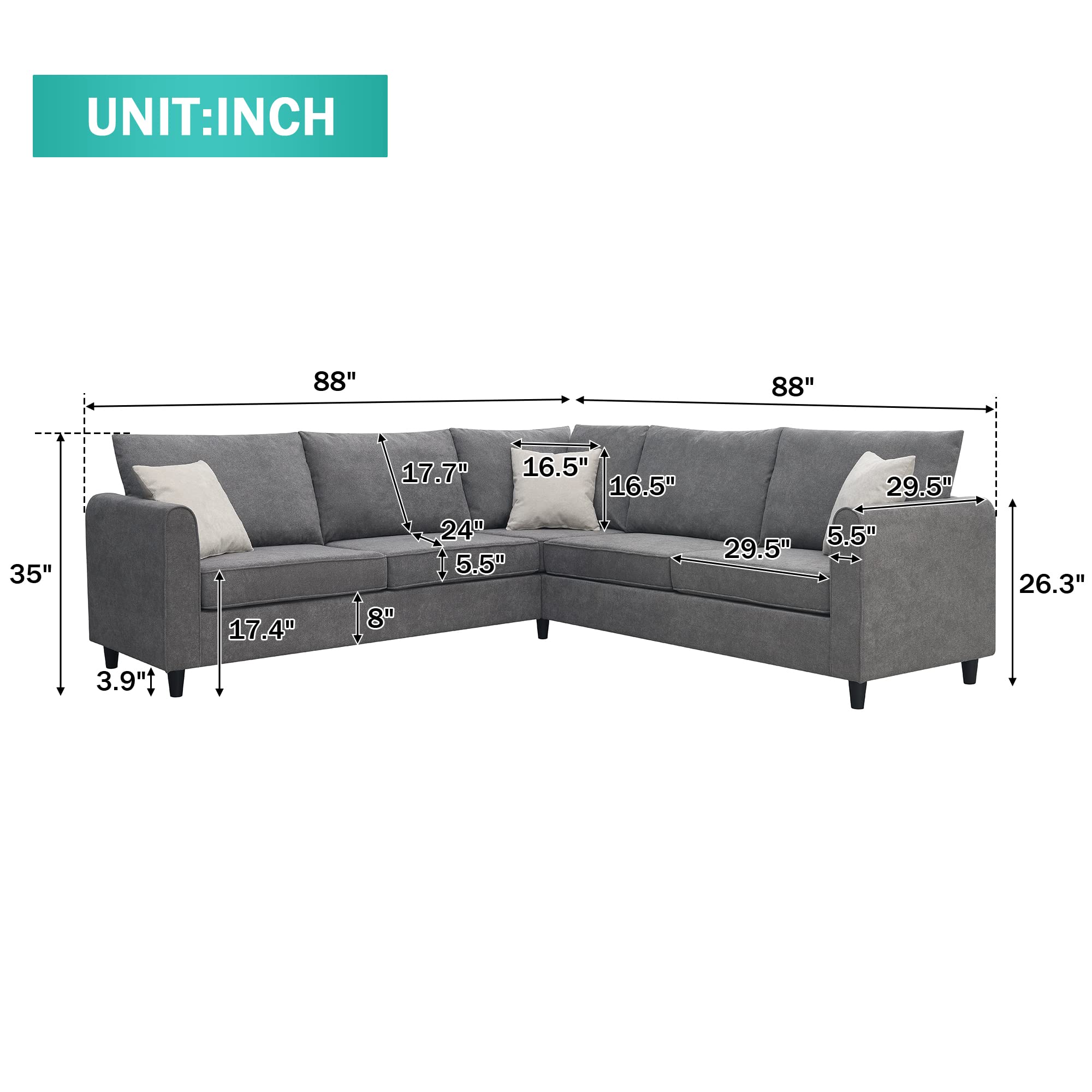 RUNWON Modern Upholstered Sectional Sofa Furniture Set-L Shape Couch with 3 Pillows, 91x91 for Living Room, Gray