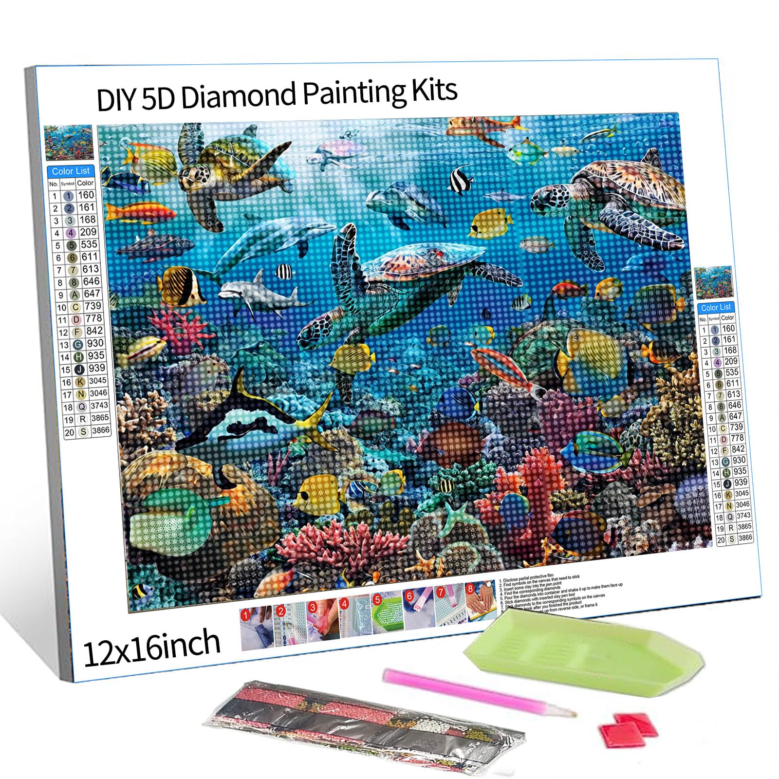 Sea Turtle Diamond Painting DIY 5D, Underwater Fish Numbering Kit, Angelfish Artwork Coral Reef Wall Art Aquarium Crystal Rhinestone Embroidery Picture Home Decor Adults Ocean Gift(12''Wx 16''H)
