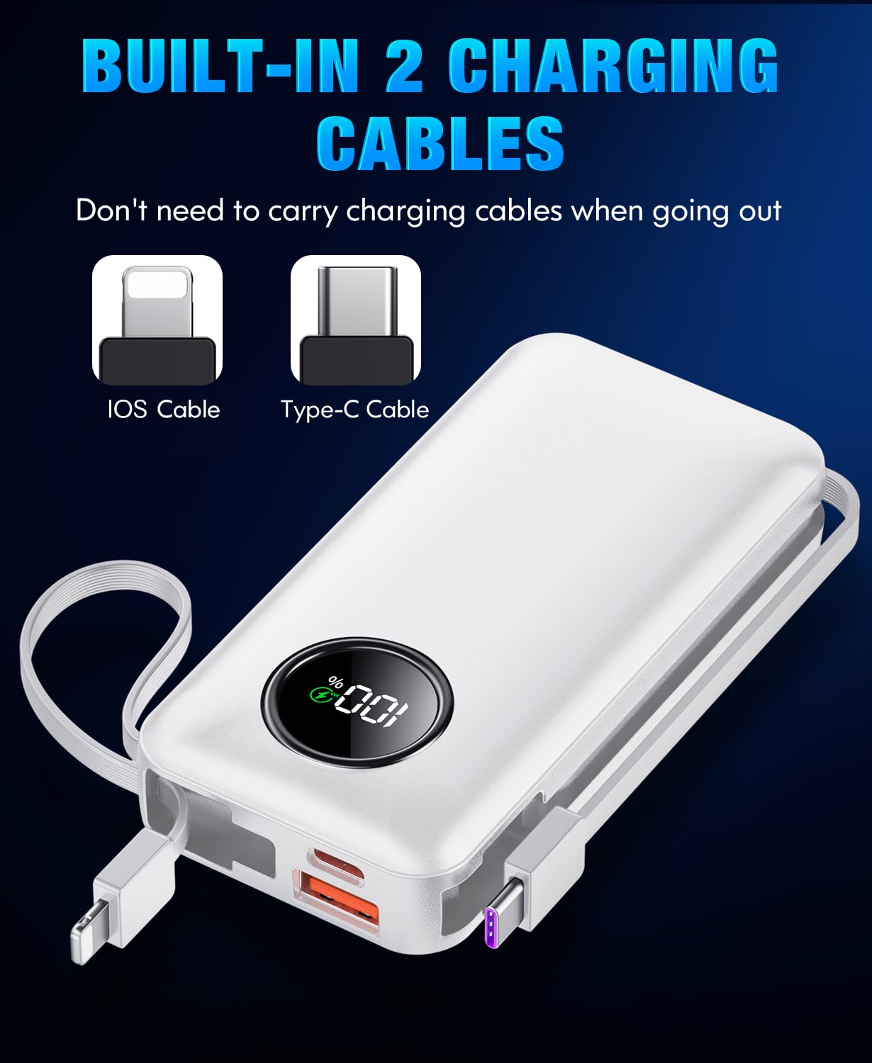 Portable-Charger-Power-Bank - 15000mAh PD 30W Power Bank, Built in Type-C(30W) and iOS(20W) Output Cables LED Display for iPhone and Android Phones and Most Electronic Devices(White)