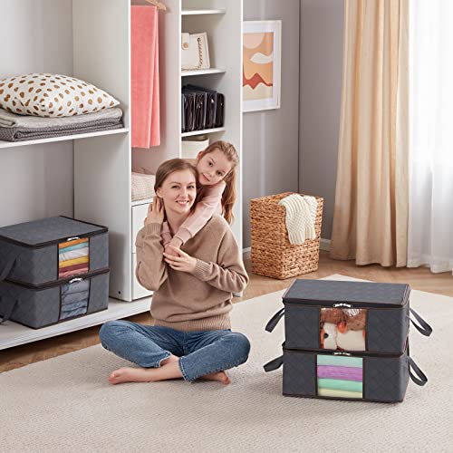 Lifewit Clothes Storage Bag Foldable Storage Bin Closet Organizer with Reinforced Handle Sturdy Fabric Clear Window for Sweaters, Coats, T-shirts, Blankets, 3 Pack, Grey