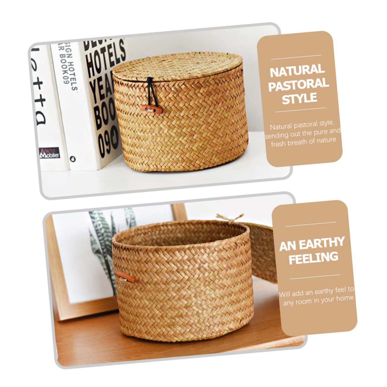 GARVALON Round Wicker Basket with Lid, 150 oz, Snacks, Cosmetics, Desktop Storage